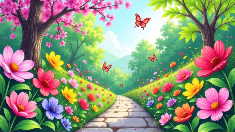 Colorful Flower Path in Spring Garden Stock Illustration - Illustration ...