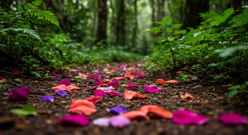Colorful Flower Petals Scattered on Forest Path Stock Illustration ...