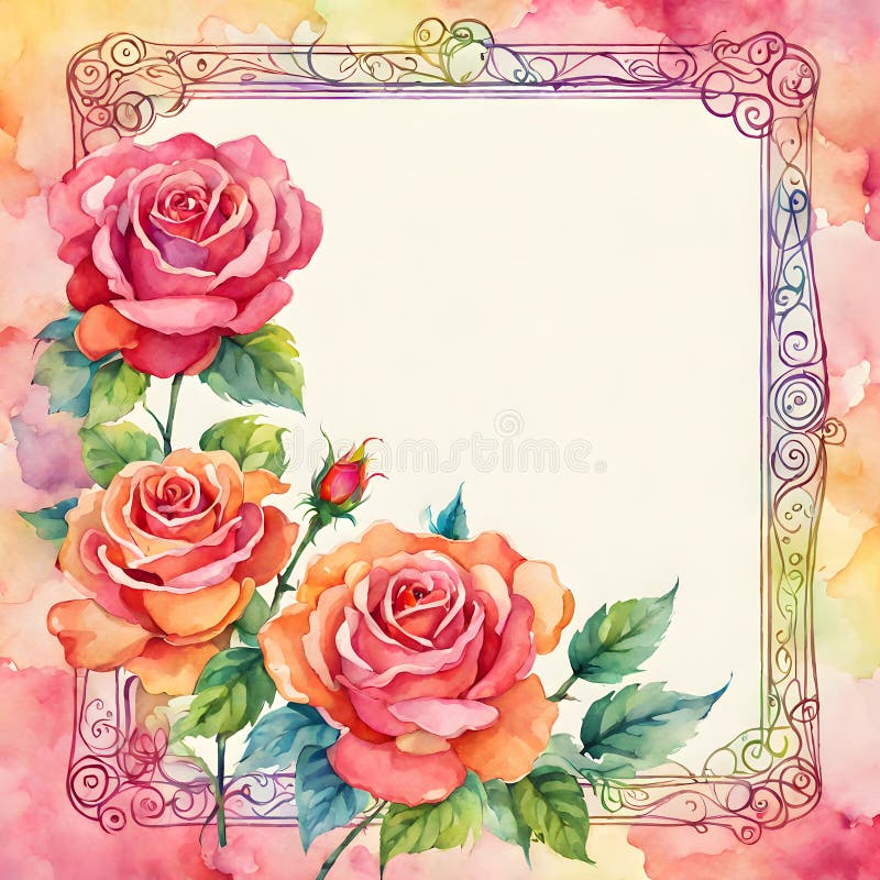 Colorful Flower Rose Frame Watercolor Background. Stock Illustration ...