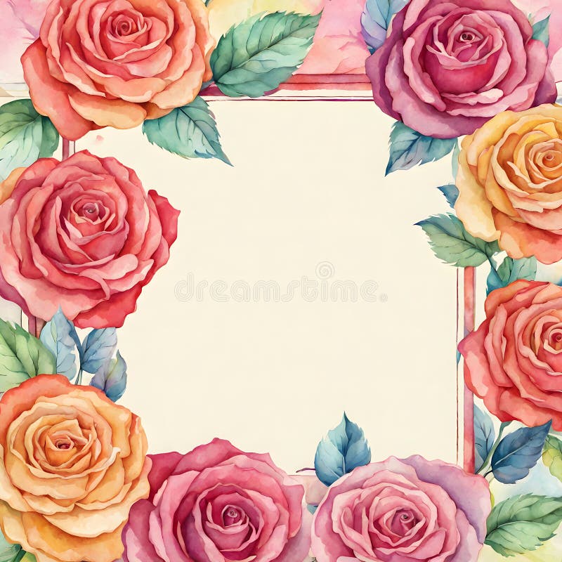 Colorful Flower Rose Frame Watercolor Background. Stock Illustration ...