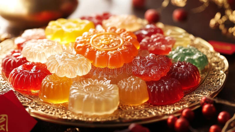 Colorful Flower-Shaped Candies on a Gilded Plate Stock Illustration ...