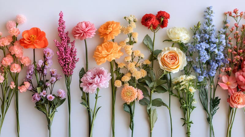 Colorful Flower Stems Arranged in a Row on White Background Stock ...