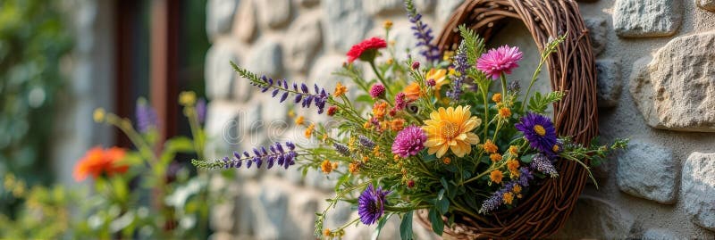 Colorful Flower Wreath Adorning Rustic Stone Wall on a Sunny Day Stock ...