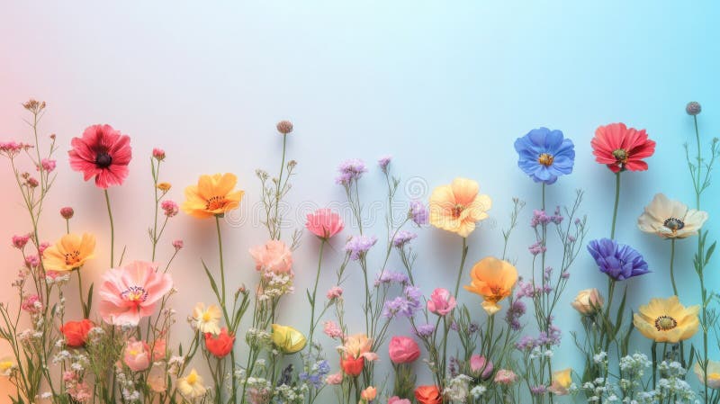 Colorful Flowers Arranged in a Row Against a Light Blue Background ...