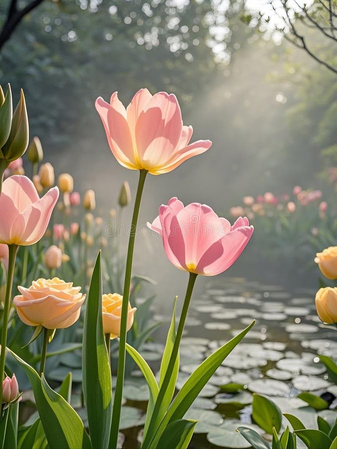 Colorful Flowers Bloom Quietly, with Green Trees and Grass As the ...