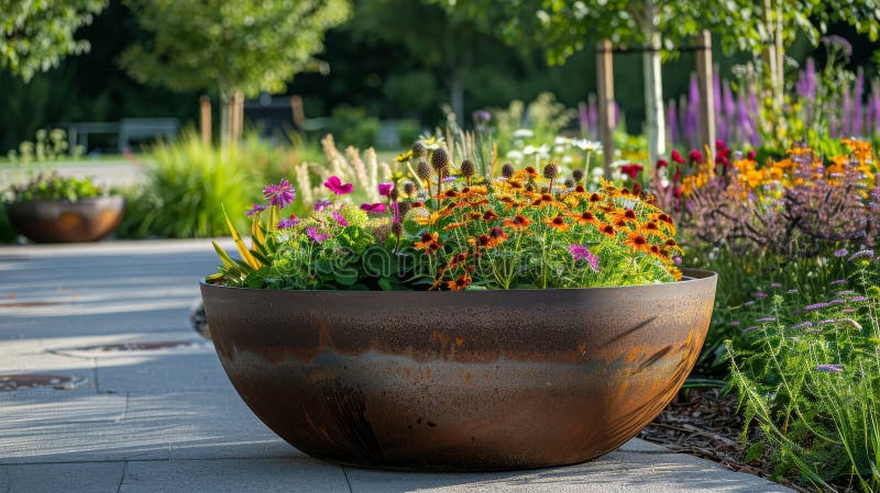 Colorful Flowers in Circular Planters with Large Garden Planter ...