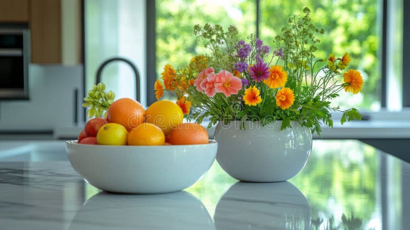 Colorful Flowers and Citrus Fruit in White Bowls on Modern Kitchen ...