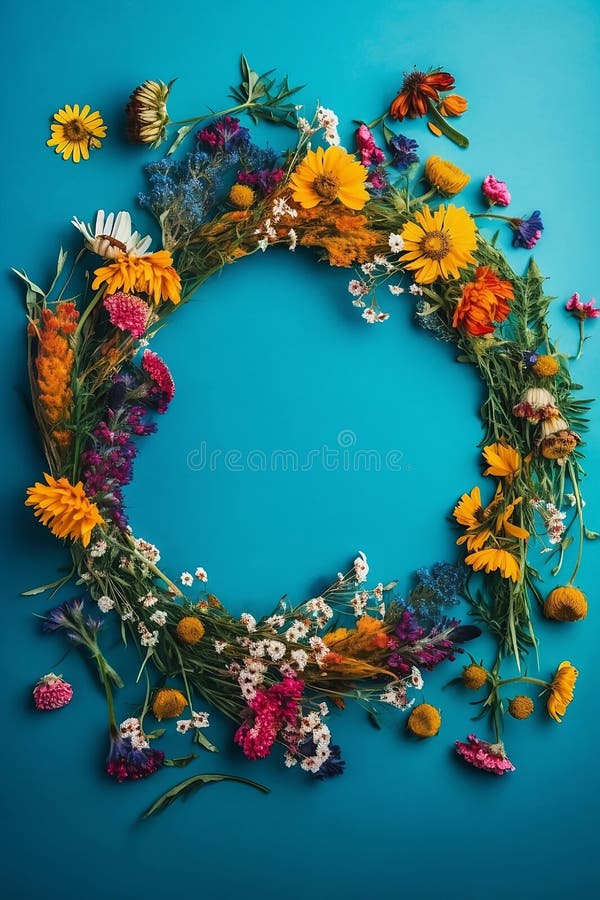 Colorful Flowers Frame on Blue Background Stock Illustration ...