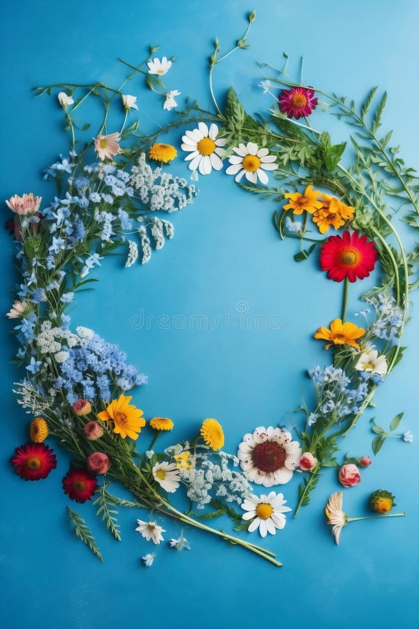 Colorful Flowers Frame on Blue Background Stock Illustration ...