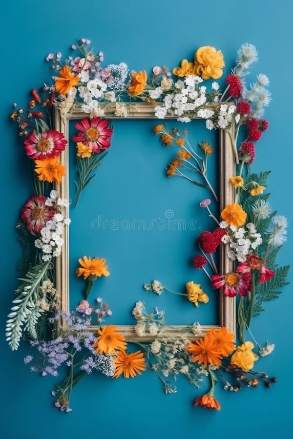 Colorful Flowers Frame on Blue Background Stock Illustration ...