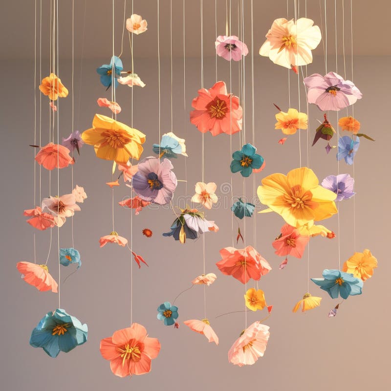 Colorful Flowers Hanging on Strings, 3d Rendering. Computer Digital ...