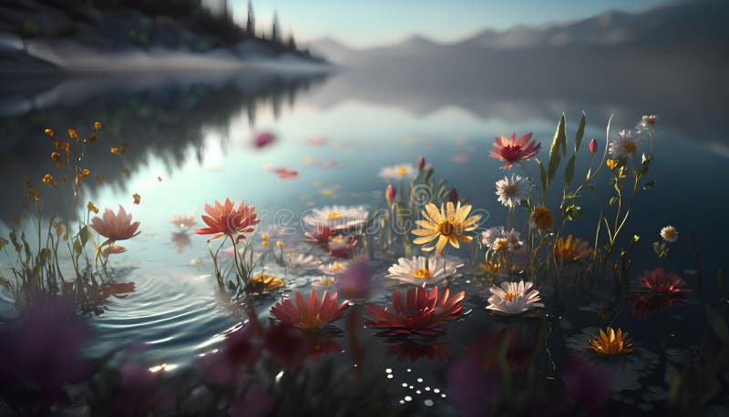 Colorful Flowers in the Lake with Mountains in the Background,3d Render ...
