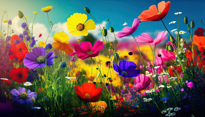 Colorful Flowers Meadow in Spring or Summer. Nature Bloom Background ...