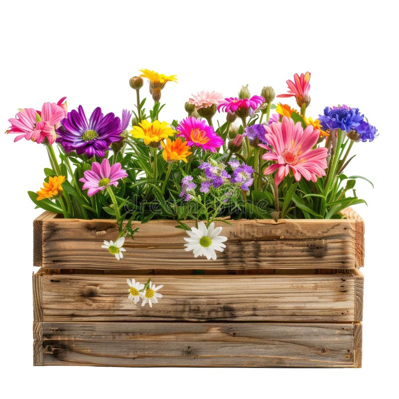 Colorful Flowers in Rustic Wood Box on White Background Stock ...