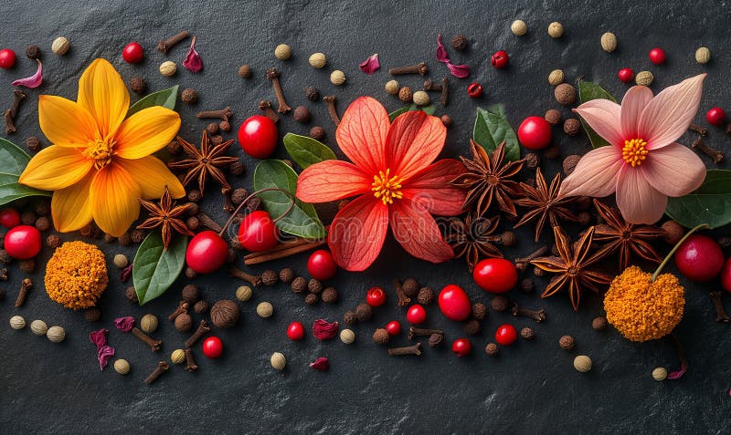 Colorful Flowers and Spices on Black Background Stock Photo - Image of ...