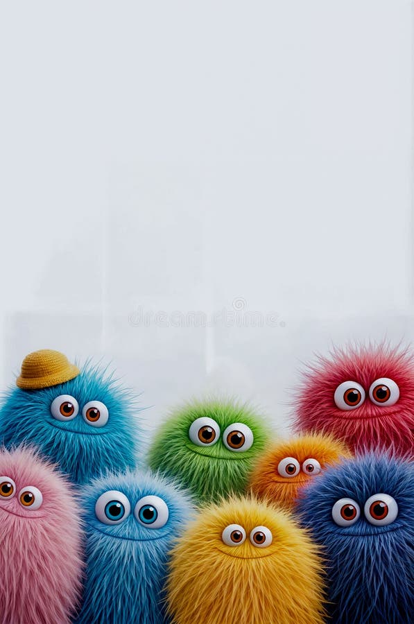 Colorful Fluffy Characters Gathered Together with Cheerful Expressions ...