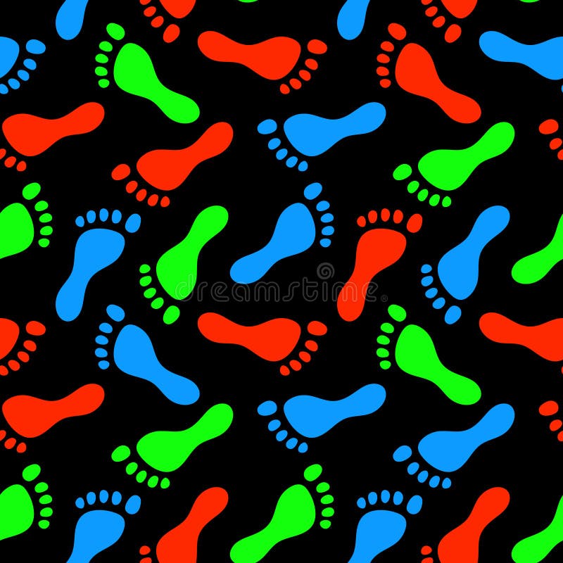 Colorful Fluorescent Human Footprints On Black Seamless Pattern, Vector ...