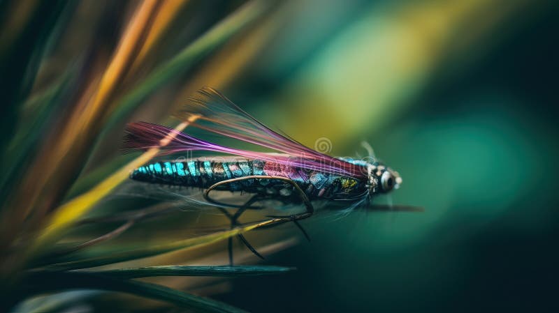 A Colorful Fly Sitting on Top of a Green Plant Leaf in the Sunlight ...