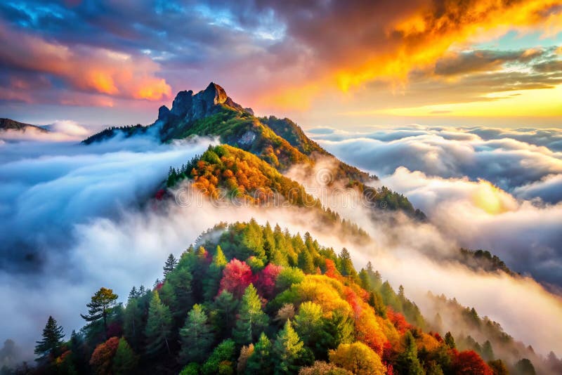 Colorful Fog on Mountain stock illustration. Illustration of vibrant ...