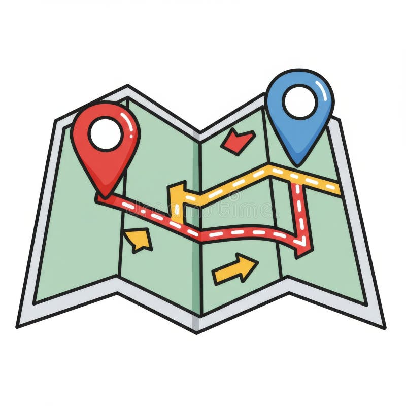 Colorful Folded Map with Route and Location Pins Stock Illustration ...