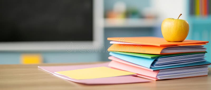 Colorful Folders with Apple on Table in Classroom or Study Environment ...