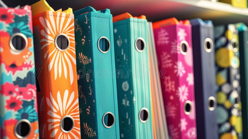 Colorful Folders and Binders with Diverse Patterns and Labels on Desk ...