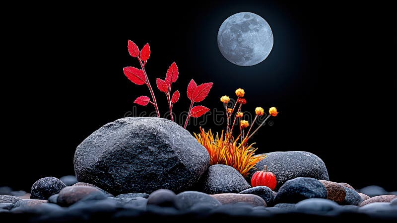 Colorful Foliage and Stones Under a Luminous Moonlight Backdrop Stock ...