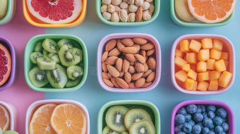 Colorful Food Containers with Fruit and Nuts Stock Illustration ...