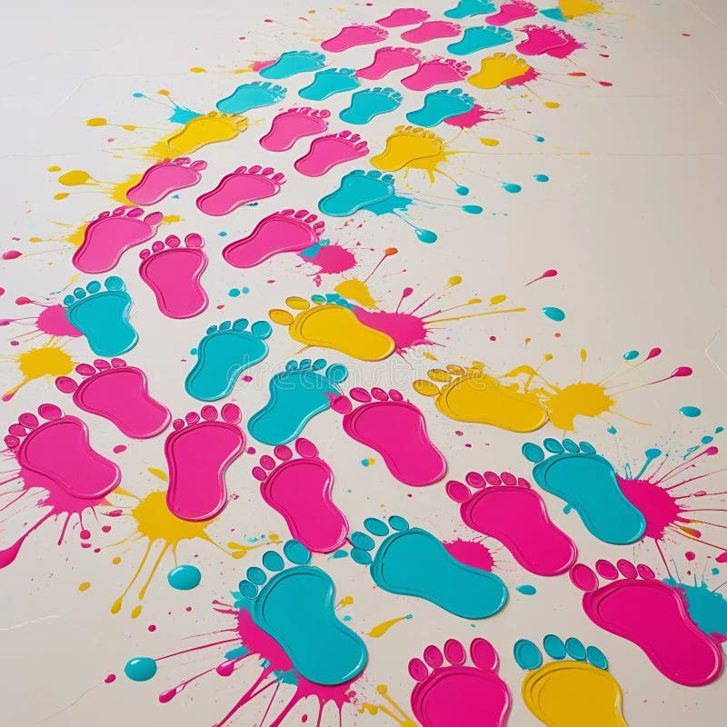 Colorful Footprints with Paint Splashes on a Light Background. Stock ...
