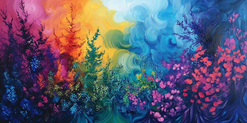 Colorful Forest Landscape Painting Stock Illustration - Illustration of ...