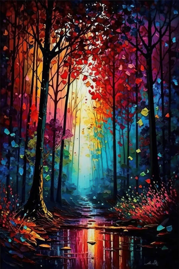 Colorful Forest Landscape Painting Stock Illustration - Illustration of ...