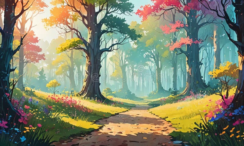 Colorful Forest with Path through it Stock Illustration - Illustration ...