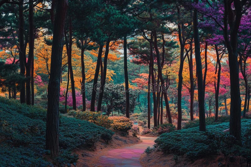 Colorful Forest Path with Trees of Different Colors Stock Photo - Image ...