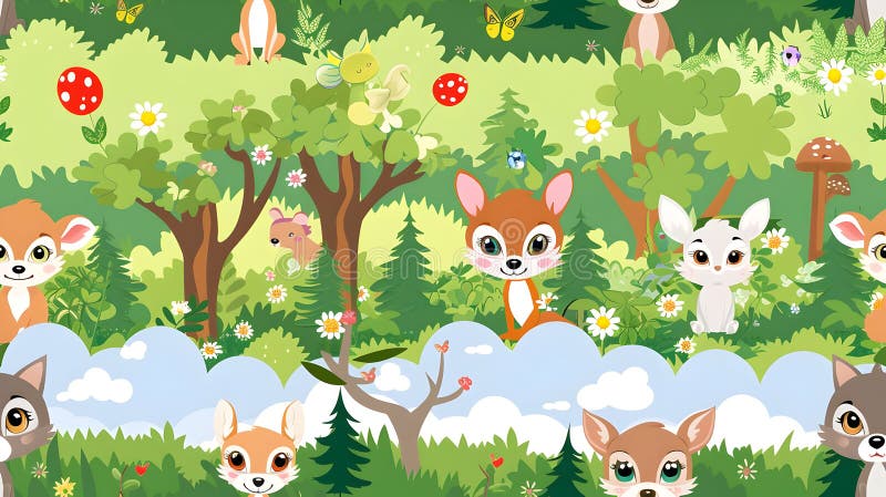 A Colorful Forest Scene Featuring Cute Cartoon Animals and Lush ...