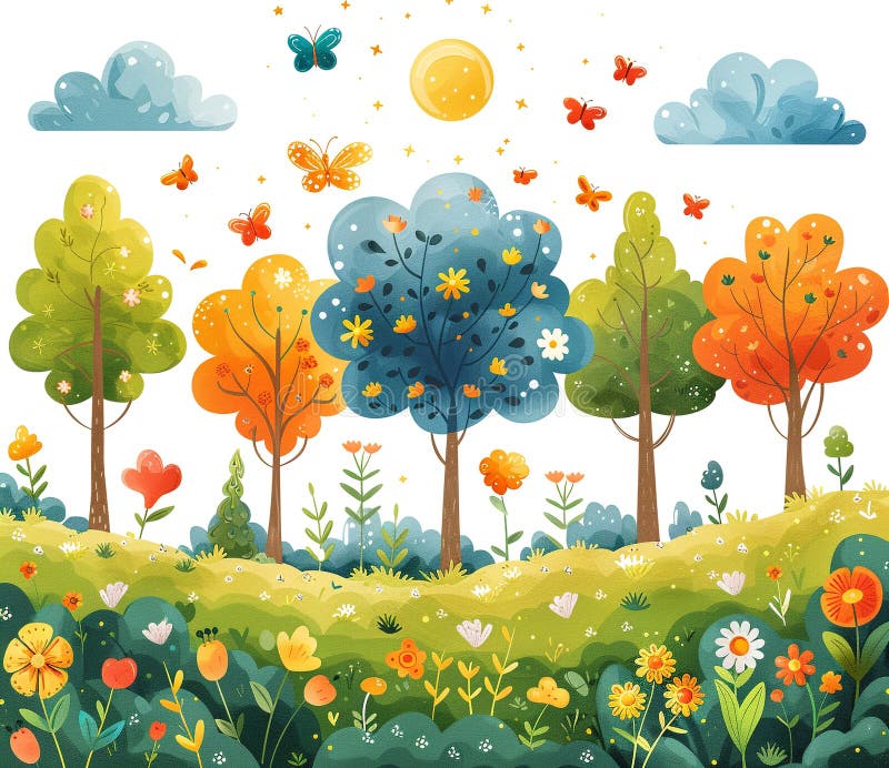 Colorful Forest Scene with Four Trees and Flowers Stock Illustration - Illustration of happy ...
