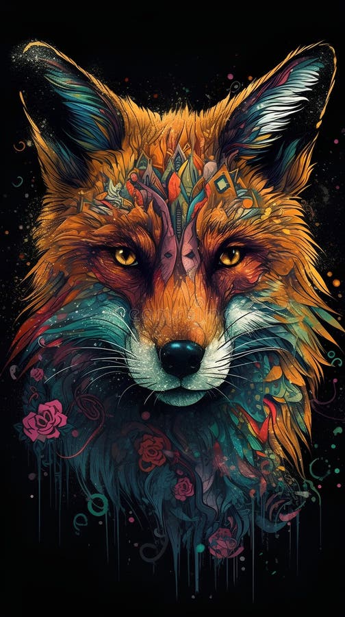 Colorful Fox Head on Black Background. Hand-drawn Illustration Stock ...