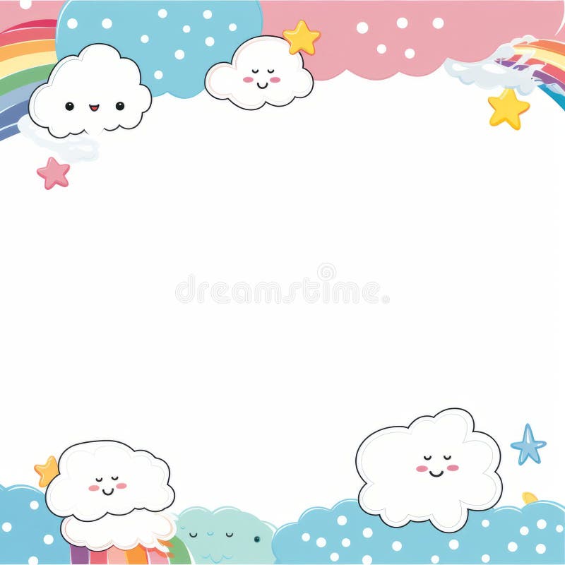 A Colorful Frame with Clouds Rainbows and Stars Stock Illustration ...