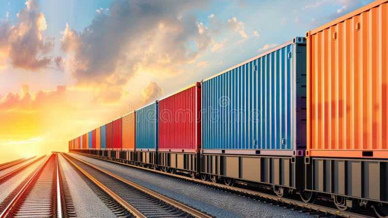 Colorful Freight Containers on a Train Track Under a Vibrant Sunset Sky ...