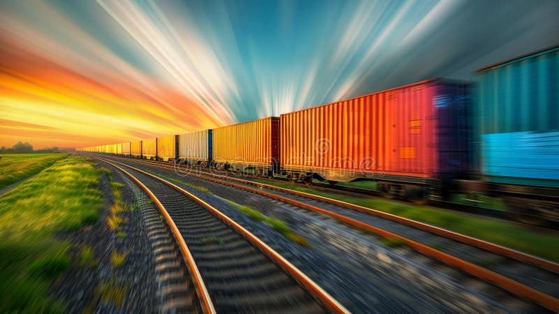 Colorful Freight Train in Motion at Sunset on Railroad Tracks with ...