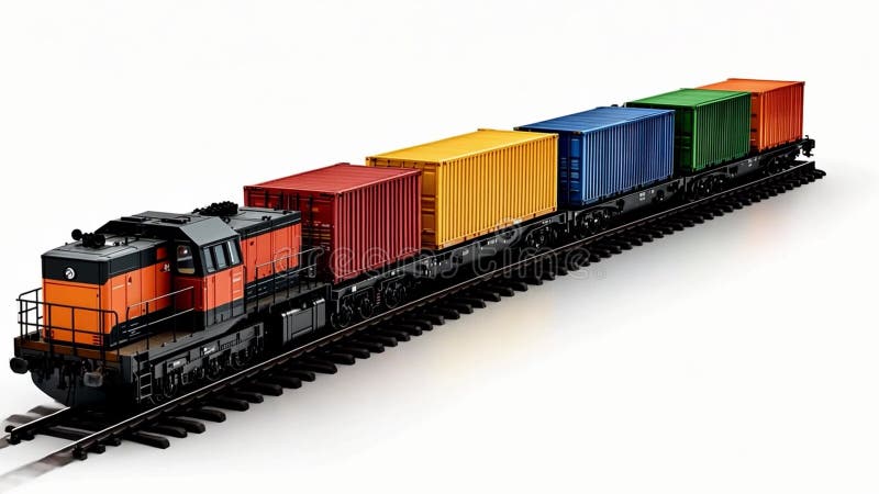 Colorful Freight Train on the Tracks. a Vibrant Engine Pulls Bright ...