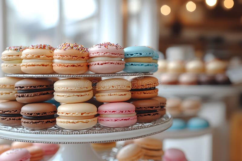 Colorful French Macarons Display on Elegant Cake Stand in Chic Bakery ...