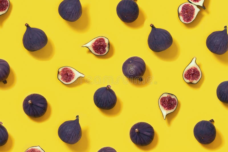 Colorful Fresh Figs Fruit Pattern on Bright Yellow Background, Whole ...