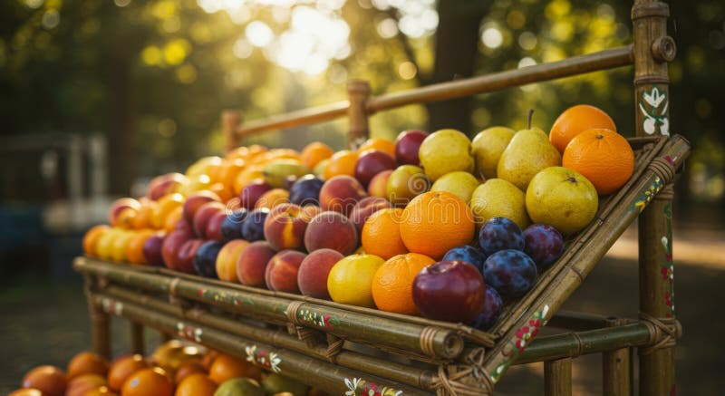 Colorful Fresh Fruit Display on Bamboo Stand Outdoors Stock ...