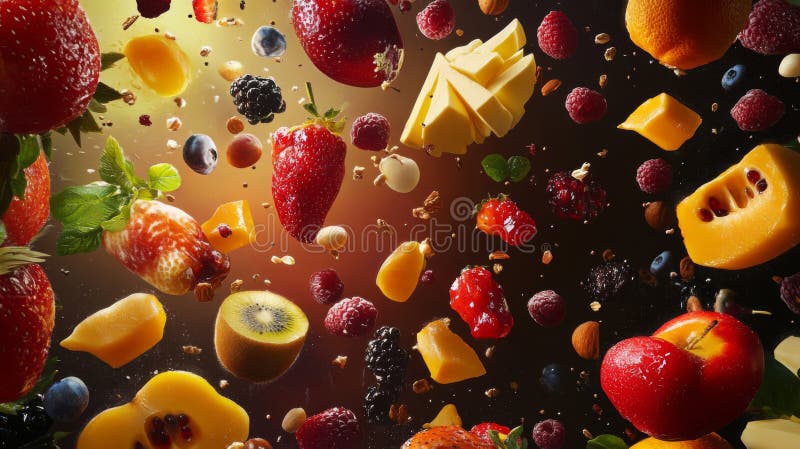 Colorful Fresh Fruit Explosion Against Dark Background Stock ...