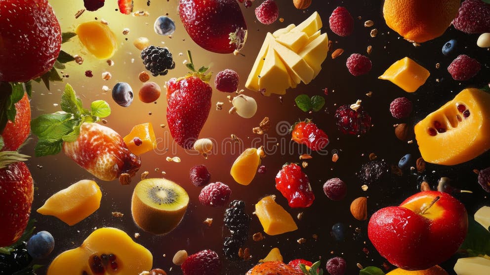 Colorful Fresh Fruit Explosion Against Dark Background Stock ...