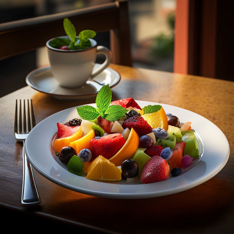 Colorful Fresh Fruit Salad in a White Plate on the Table in a Cafe ...