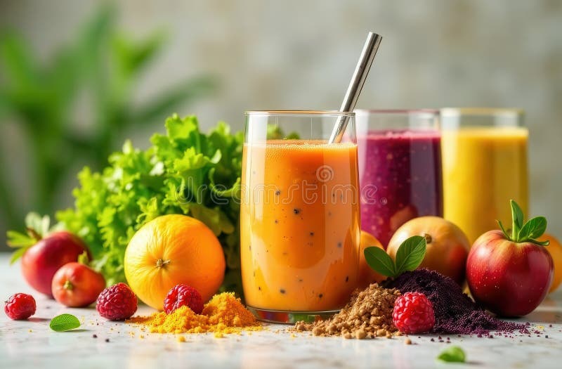 Colorful Fresh Smoothies with Fruits and Vegetables on Marble Table ...
