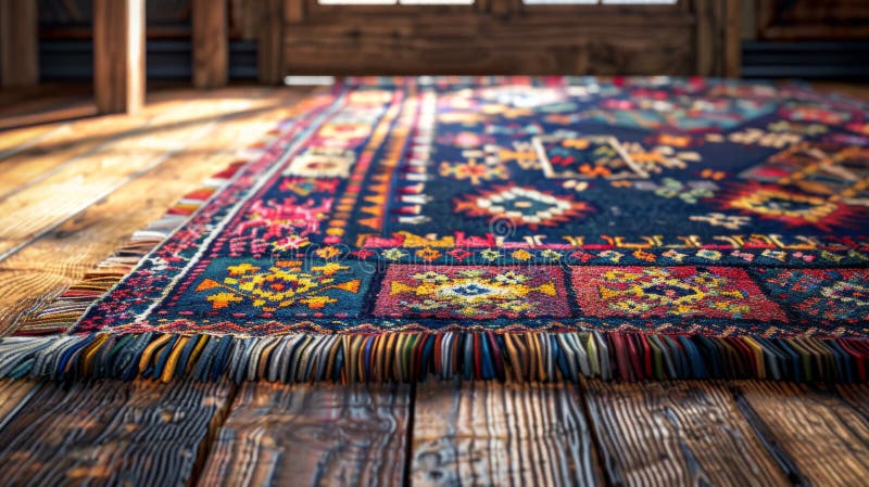 Colorful Fringed Rug on Rustic Wooden Floor Stock Image - Image of ...