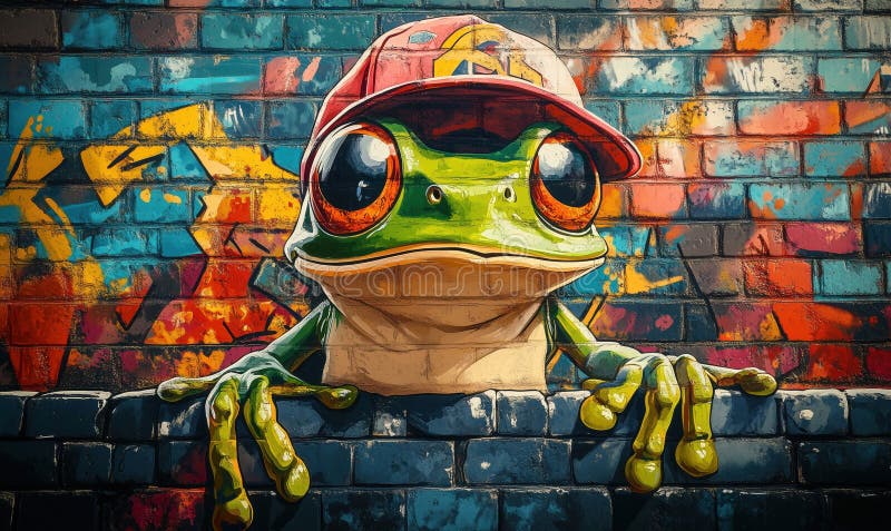 Colorful Frog Graffiti Art with Oversized Eyes and Cap on Urban Wall ...
