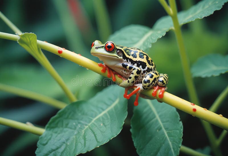 A Colorful Frog Hanging on the Stem of an Organic Plant Stock ...